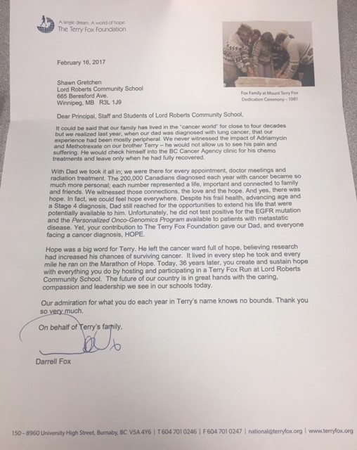 Terry Fox News: letter from Darrell Fox